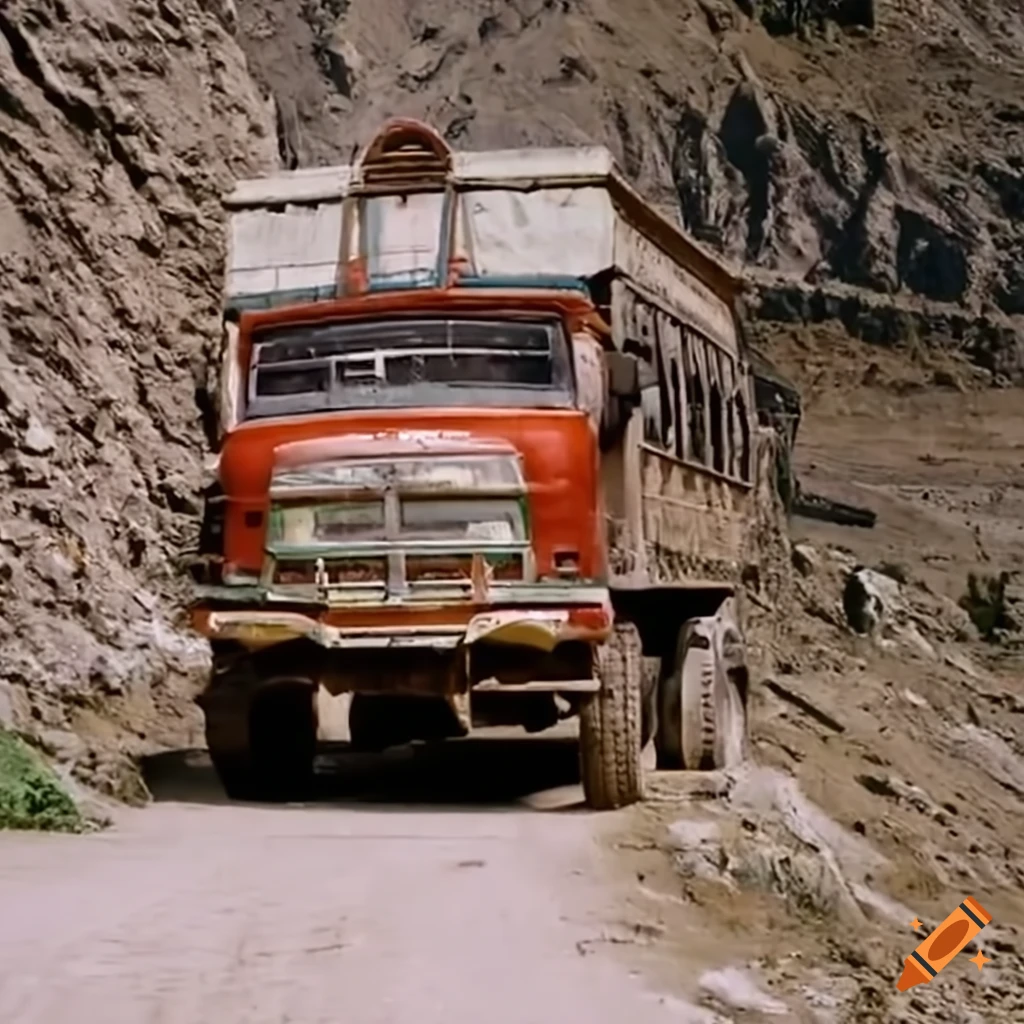 Pakistani truck on narrow mountain road on Craiyon