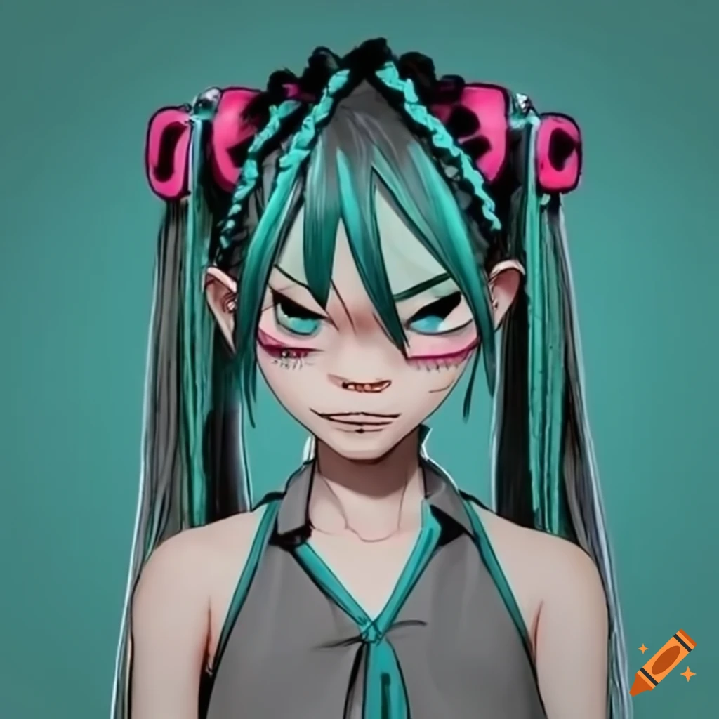 MiKu character doing braids for Gorillaz' virtual bandmate on Craiyon