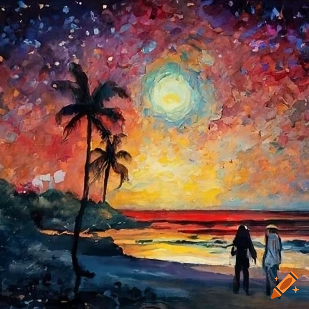 Playa con palmeras de coco, atardecer y noche estrellada al estilo de ...