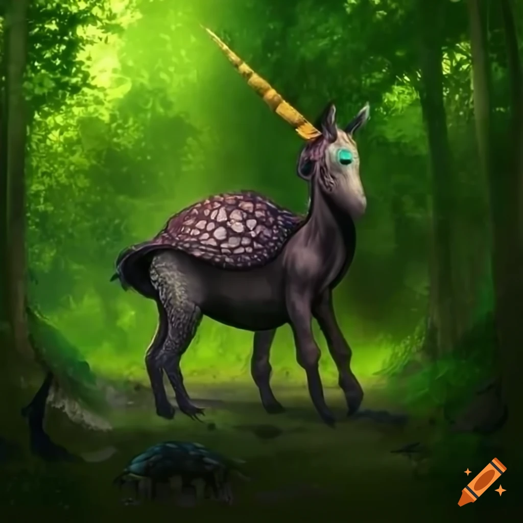 Black winged unicorn in a green forest with a turtle companion on Craiyon