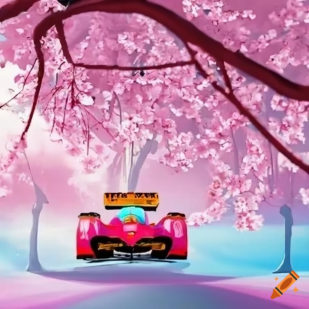 Cherry blossoms with a formula 1 race car on Craiyon