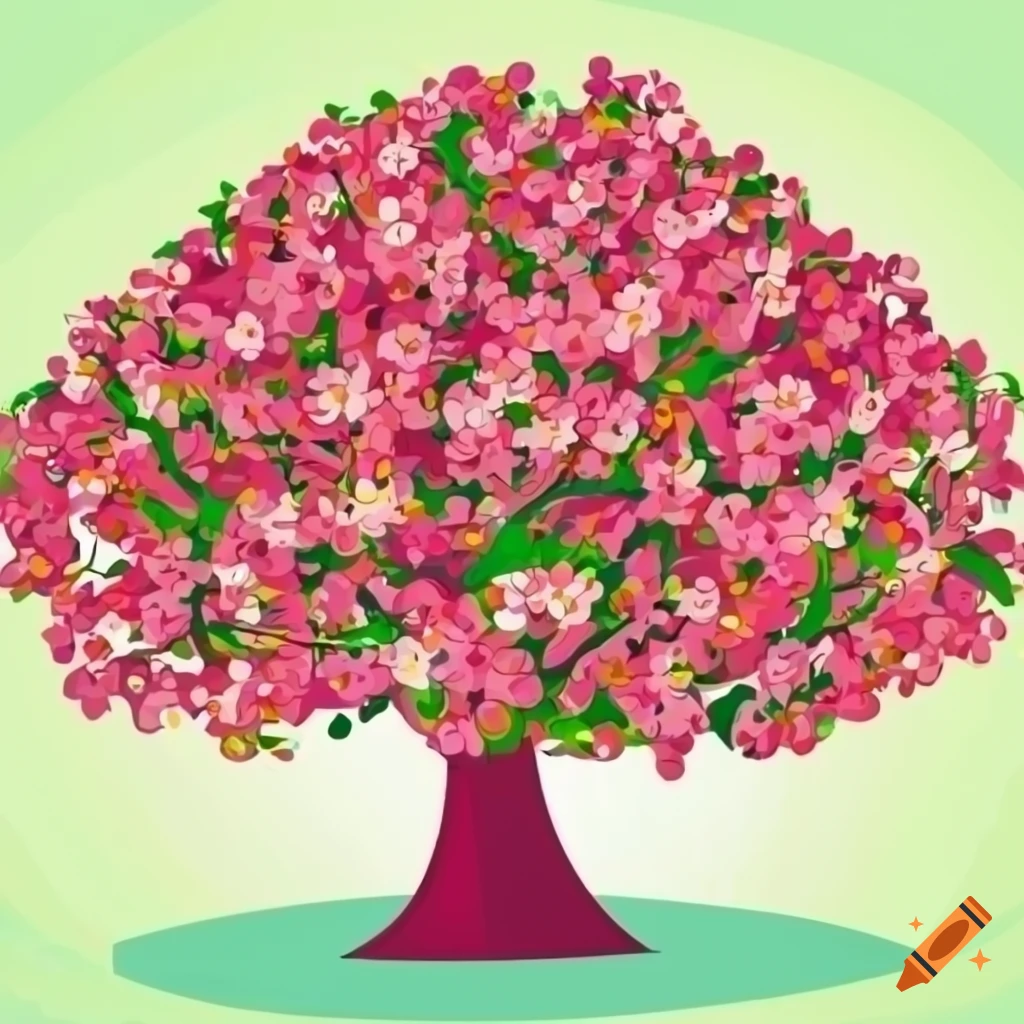 Vibrant blossoming tree in cartoon style on Craiyon
