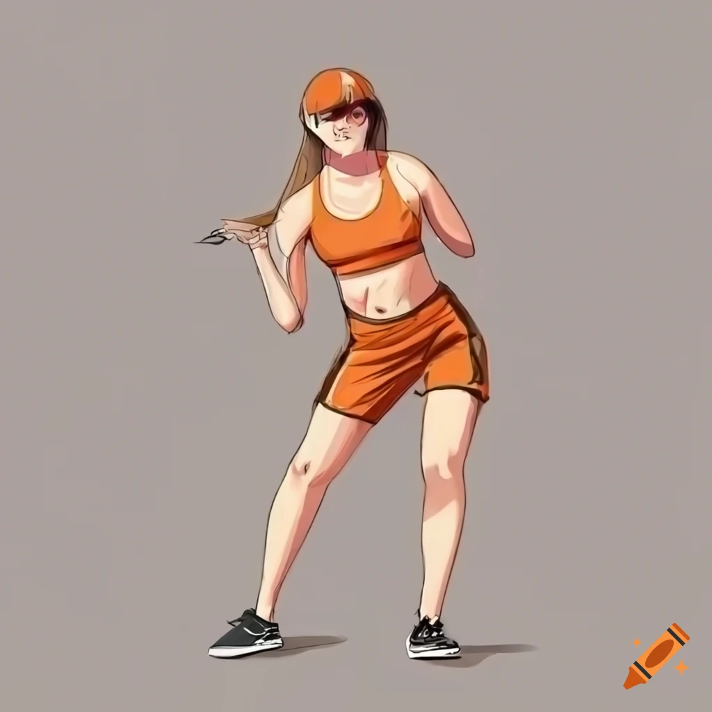 Athletic anime girl in orange workout attire stretching with a ...