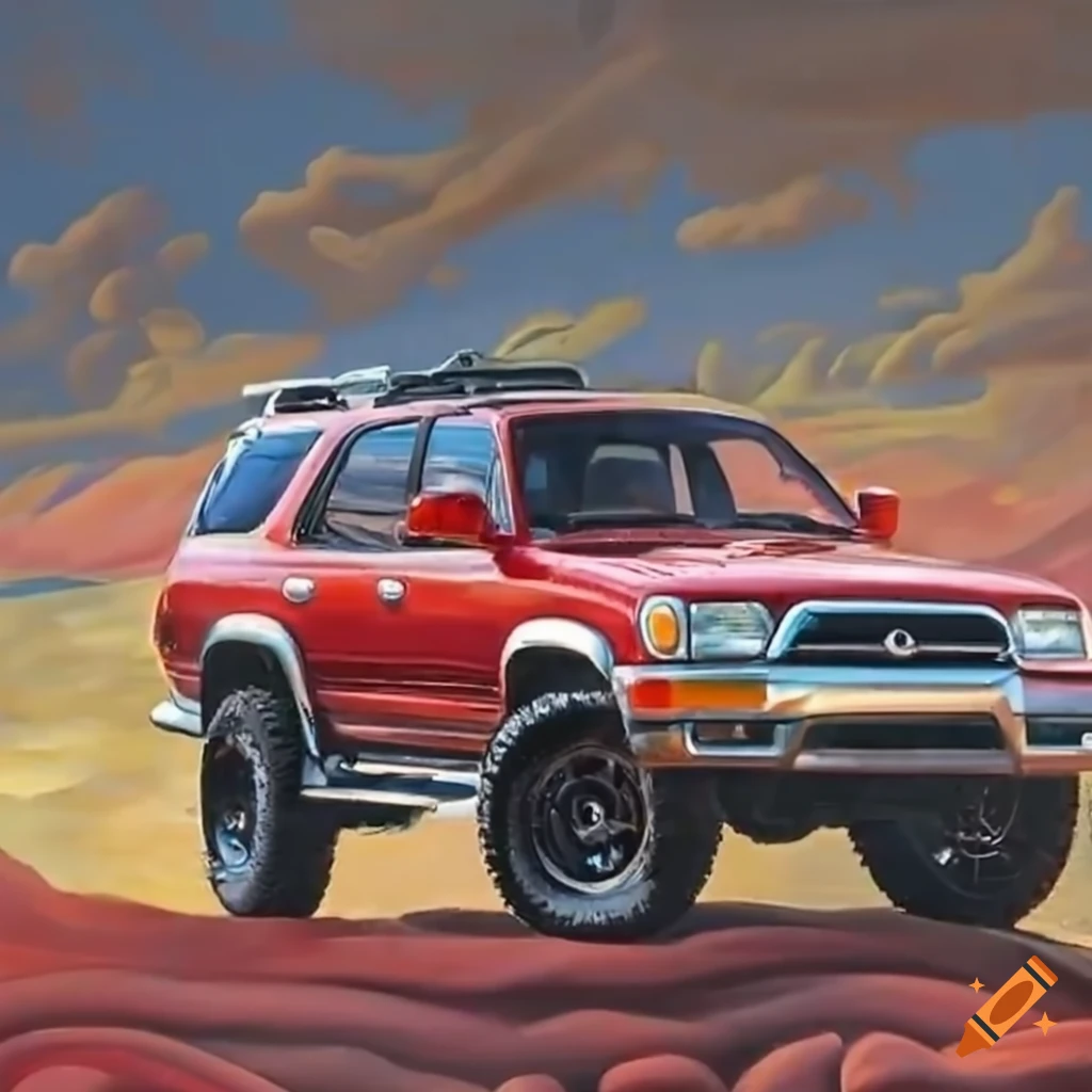 Classic red 1997 toyota 4runner off-road vehicle with black rim on Craiyon