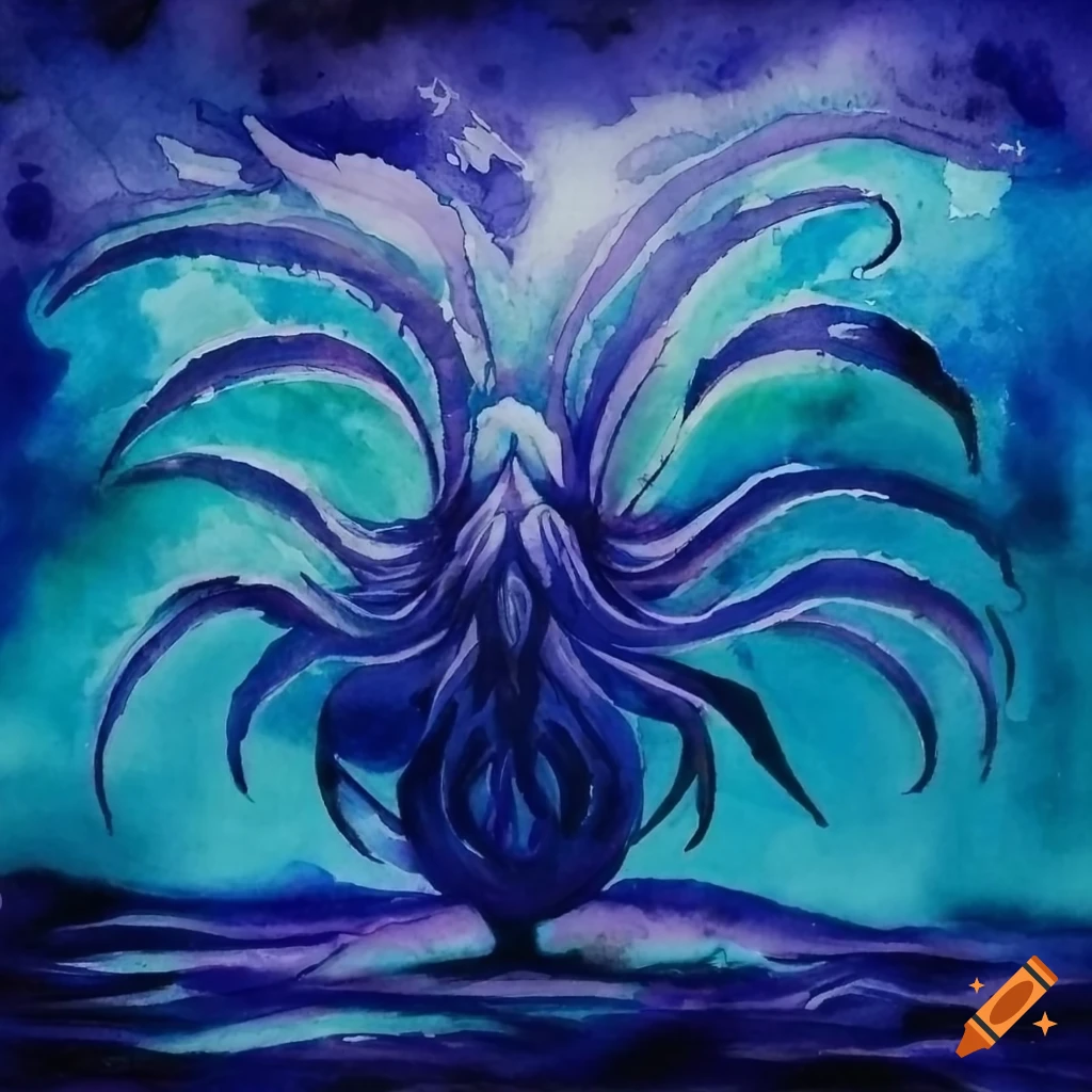 Black and blue eldritch cosmic god standing in the ocean on Craiyon
