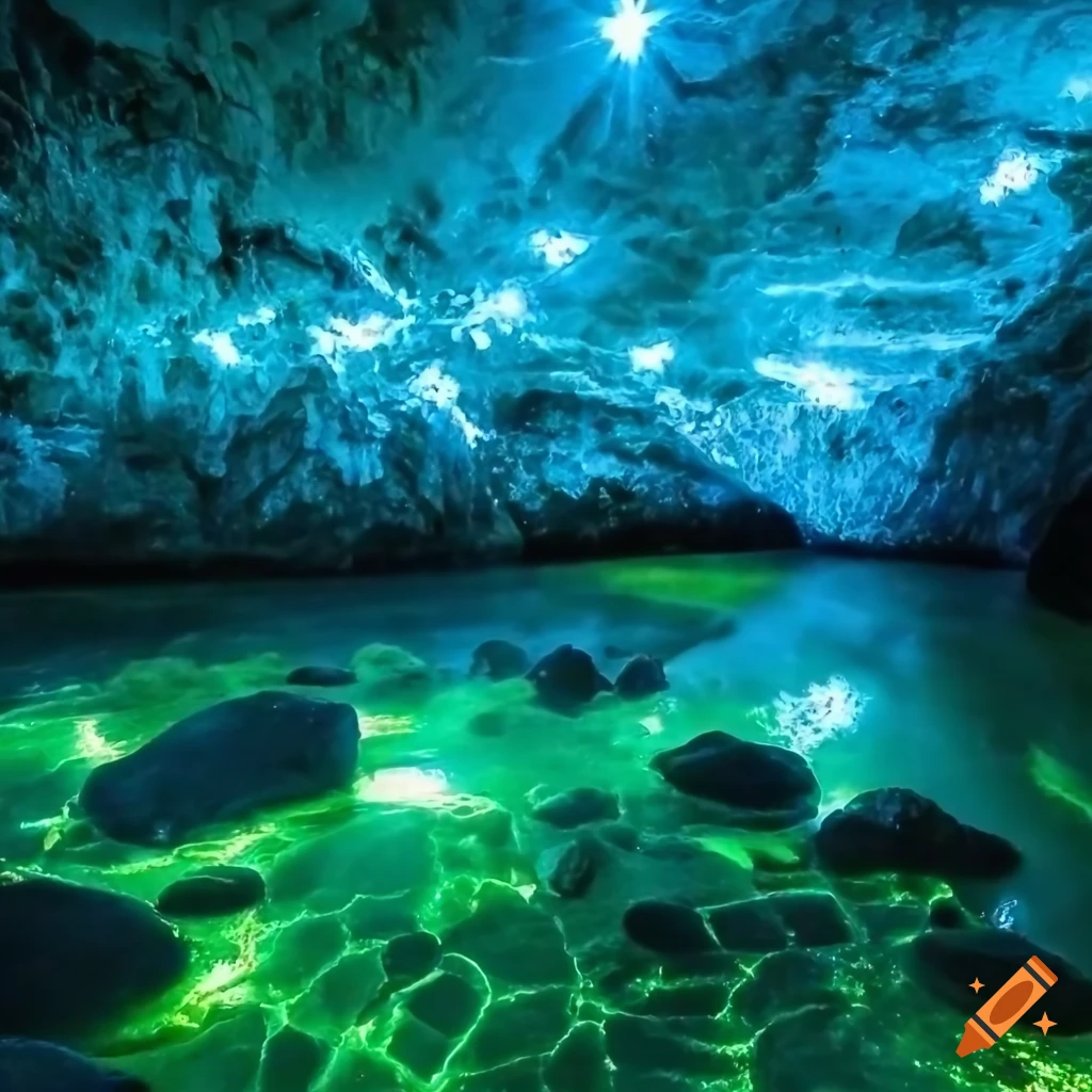 Luminous stone path in a cave with glowing liquid on Craiyon