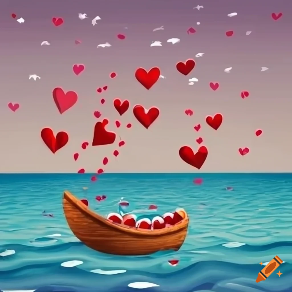 Cartoon boat filled with hearts sailing on the sea with hearts falling ...