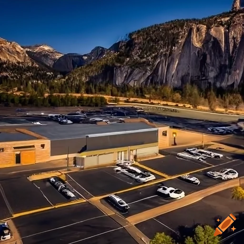 Modern walmart in yosemite valley with a parking lot from a mountaintop ...