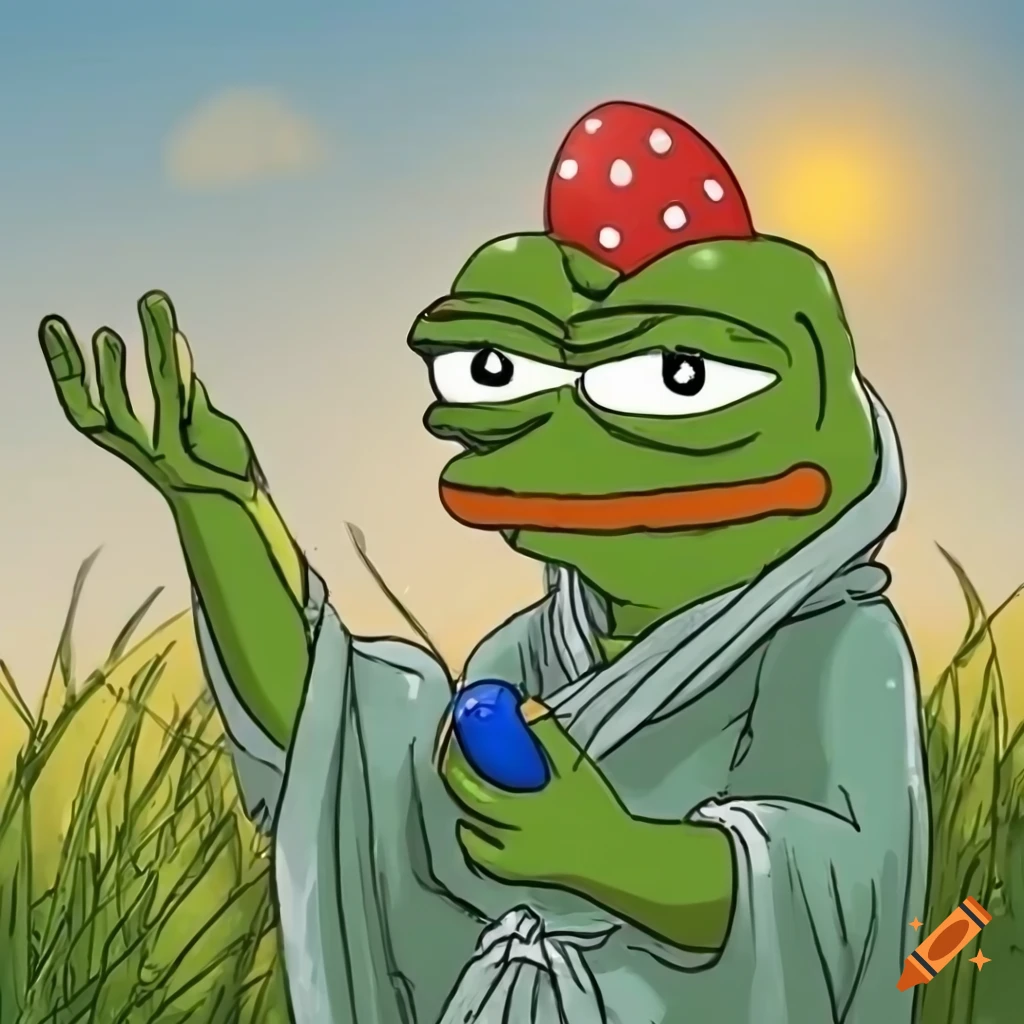 Pepe the Frog meme in druid robes with colorful Easter eggs in a grass ...