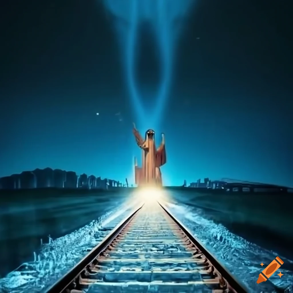 Jesus riding on a futuristic high-speed train in an iconic composition ...