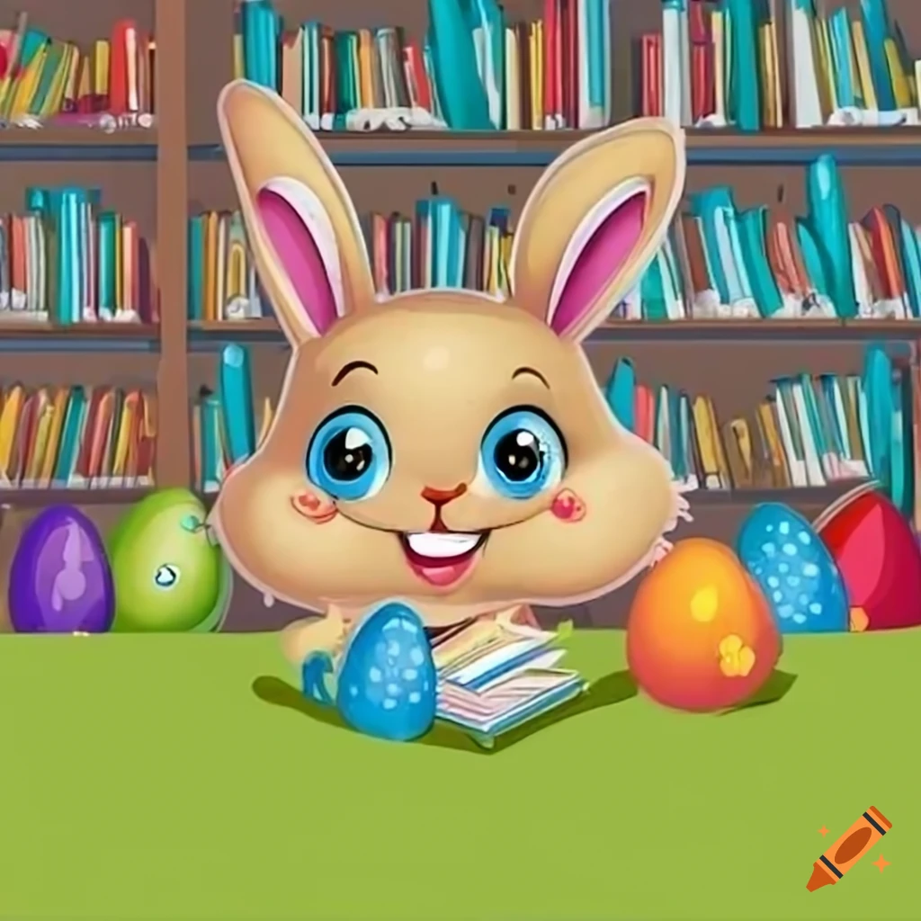 Cartoon baby bunny reading in a library with baby chickens and Easter eggs on Craiyon