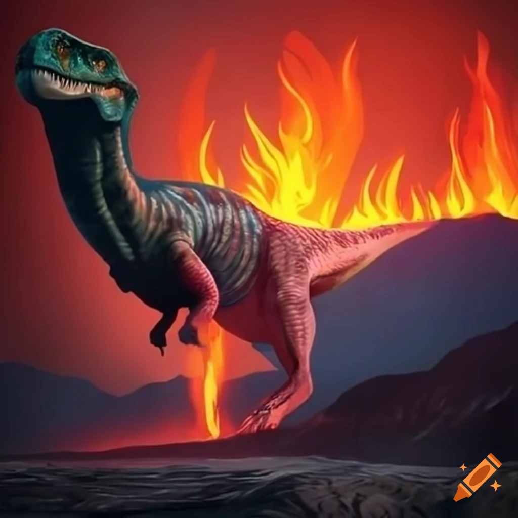Dinosaur fleeing from erupting volcano on Craiyon