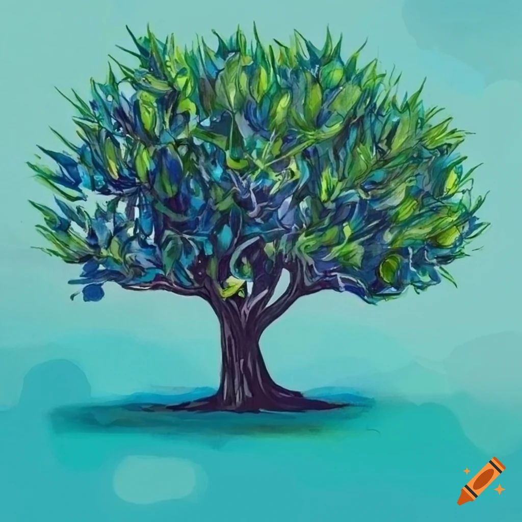 Peaceful olive tree drawing with blue and green leaves on Craiyon