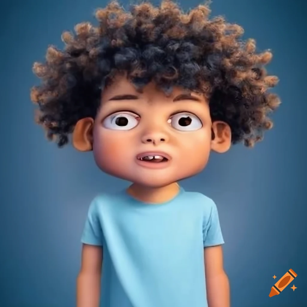 Animated boy with expressive eyes and curly Indian hair in a light blue ...