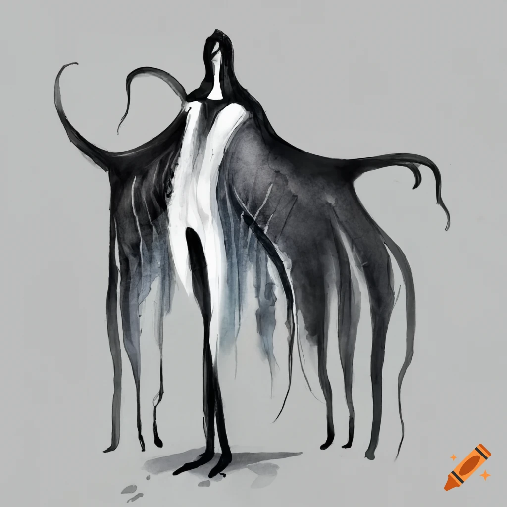 Tall slender humanoid with tendrils and ghostly cloak in watercolor on ...