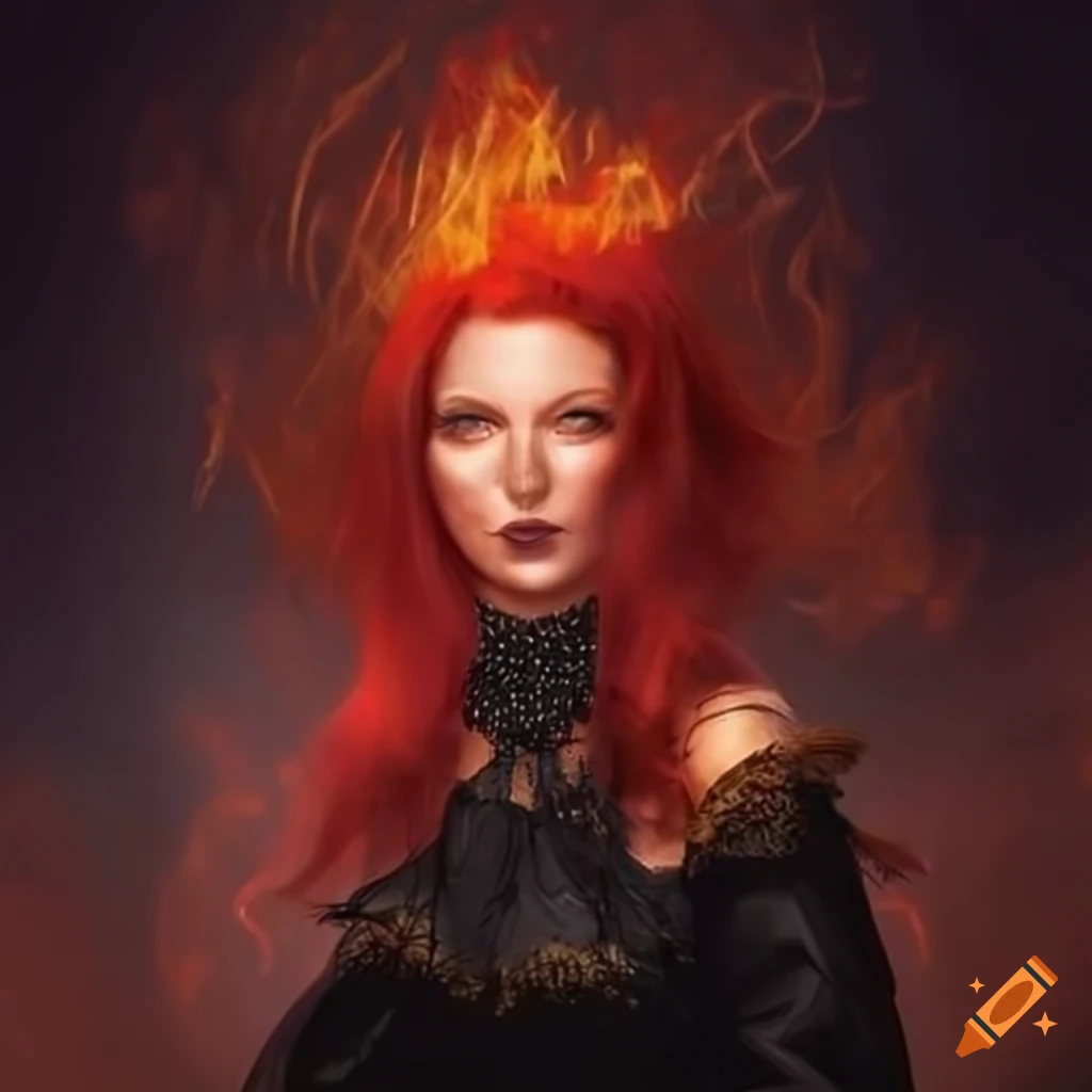 Fire witch with red hair in a black dress on Craiyon