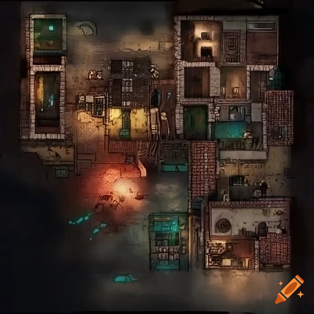 Detailed urban battlemap of a cyberpunk neighborhood facing a mega ...