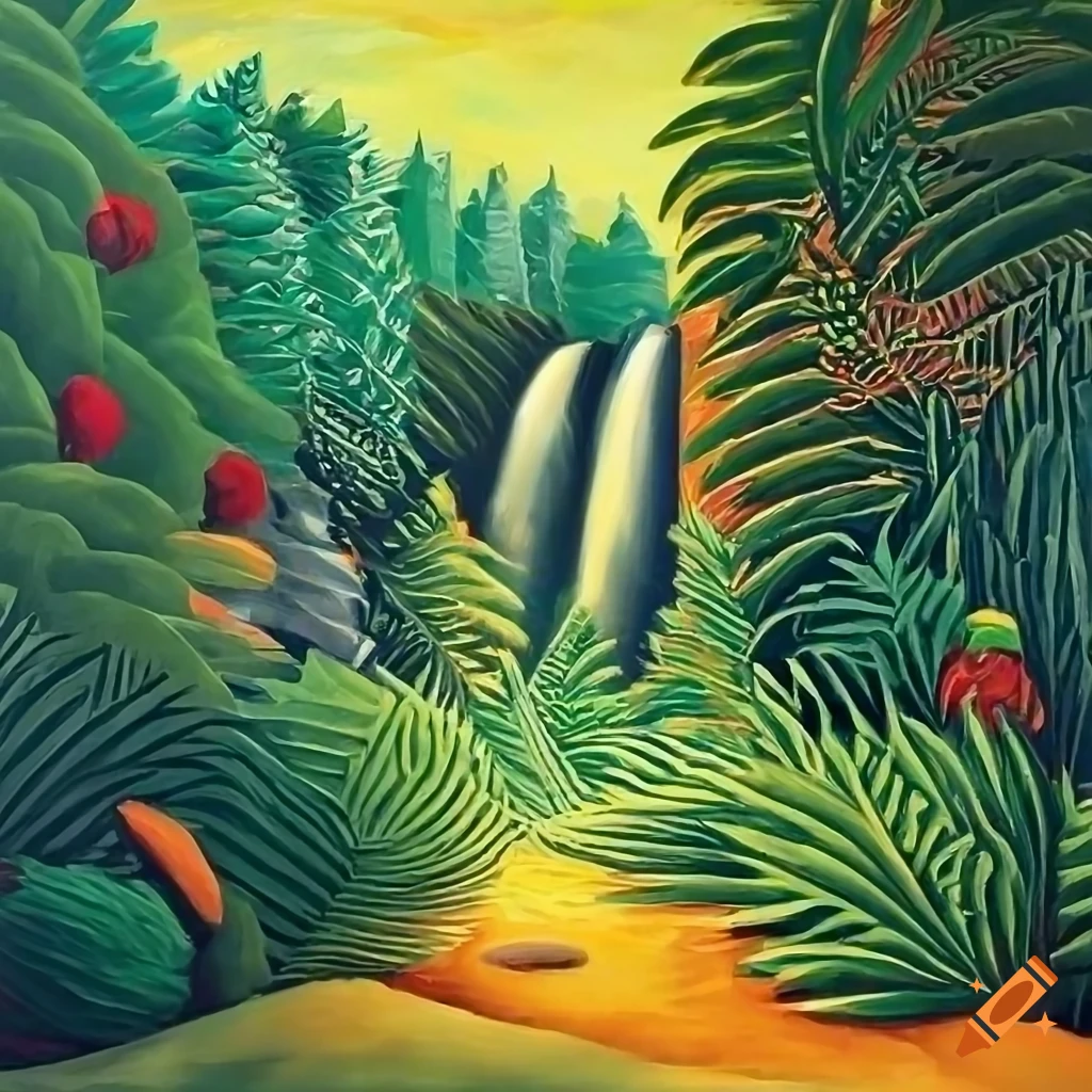 Calandula Falls in Northwestern Angola surrounded by tropical rainforest in Henri Rousseau style ...