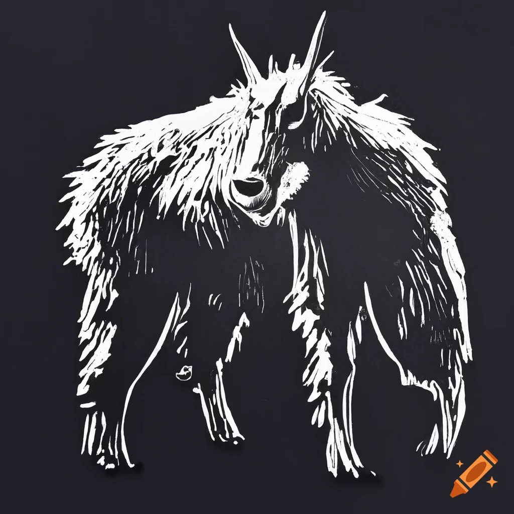 Ghostly mountain goat in linocut style with high contrast on Craiyon