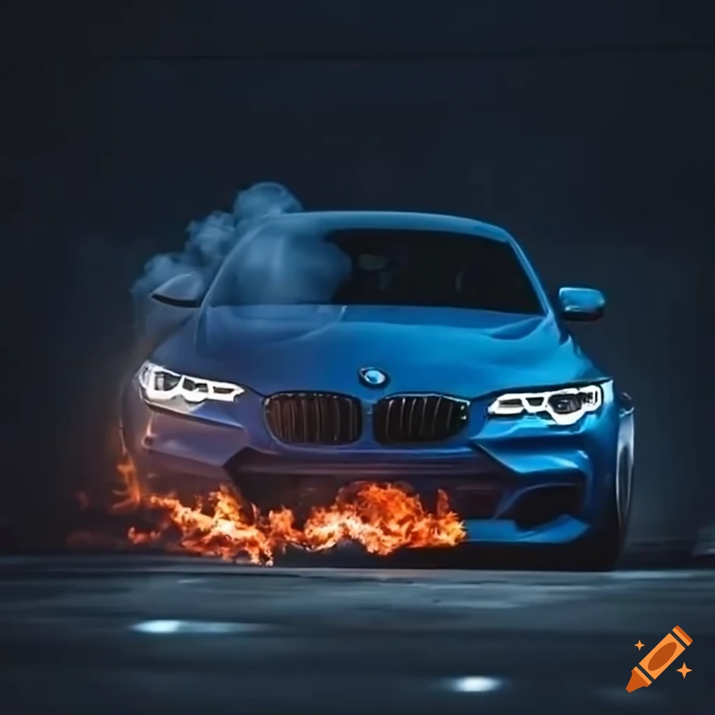 Burning blue BMW M2 with engine on fire in a dimly lit parking garage on Craiyon