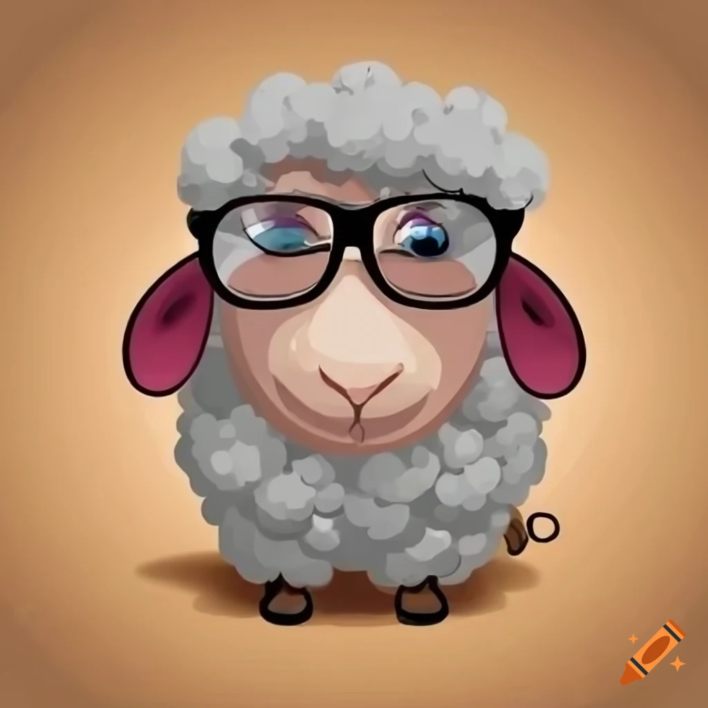 Mischievous and intelligent cartoon sheep in spectacles and lab coat on Craiyon