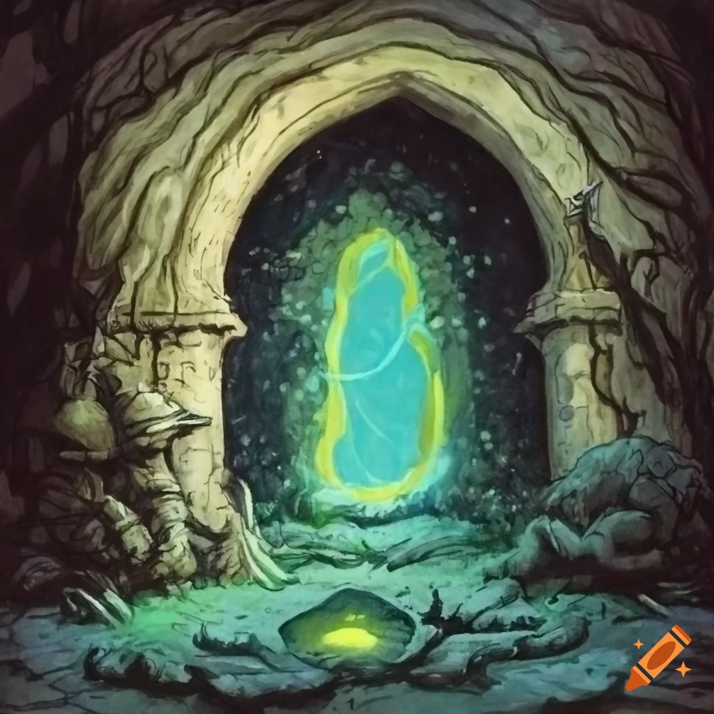 Magical portal depicted in an old drawing in a fantasy art style on Craiyon