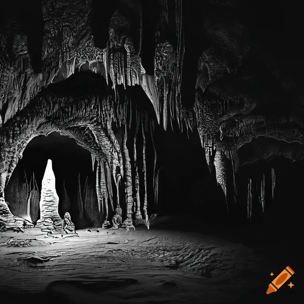 Intricately detailed cavernous cave filled with stalagmites in black ...