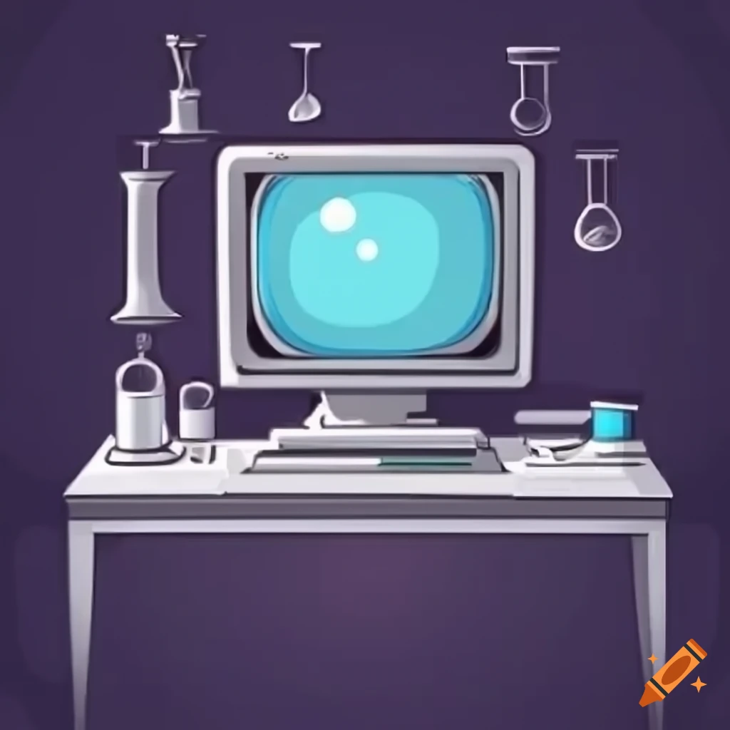 1980's computer monitor on a desk with chemistry items in a cartoon ...