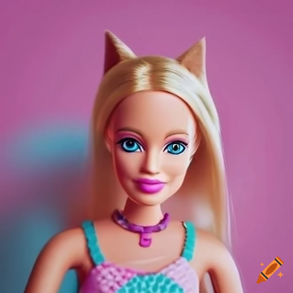 Barbie holding a cat in a pastel-colored dream house setting on Craiyon