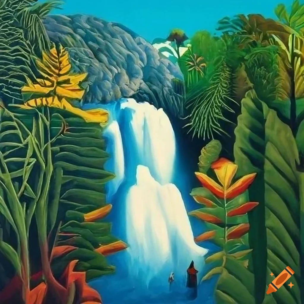 Kalandula falls in a tropical rainforest setting, reminiscent of henri rousseau's style on Craiyon