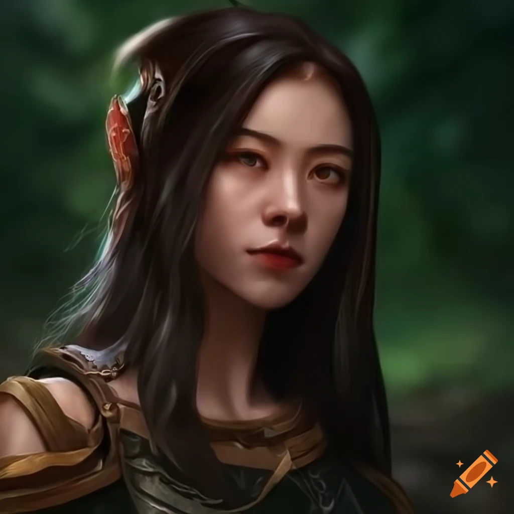 Young half-Asian woman resembling a D&D elf holding a sickle in a ...