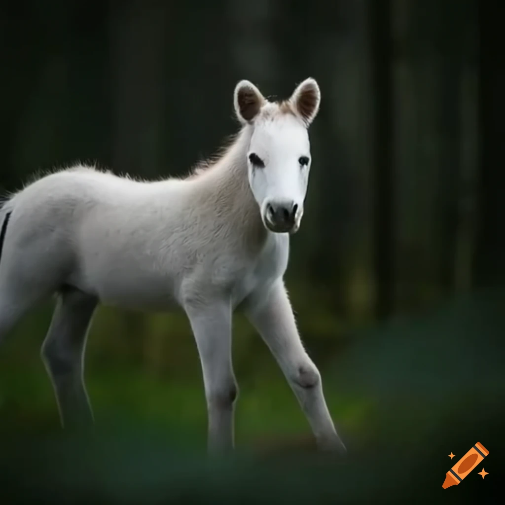 A small white foal with red eyes in the forest at night on Craiyon