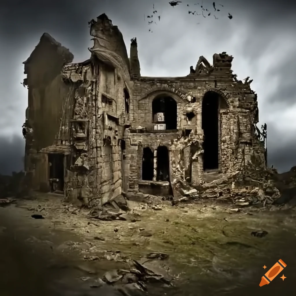 Destroyed medieval village in a foreboding weather on Craiyon