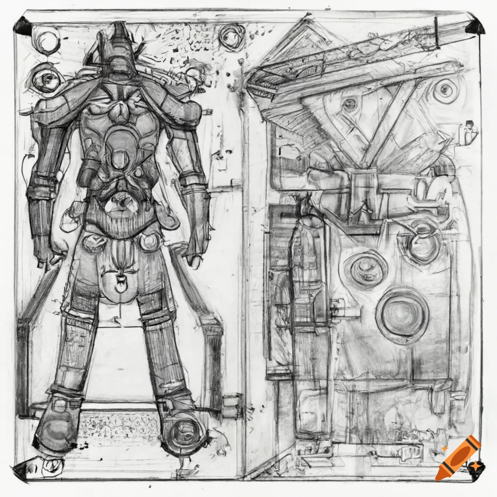 Arcane blueprints of a mystical machine in pencil sketch on Craiyon
