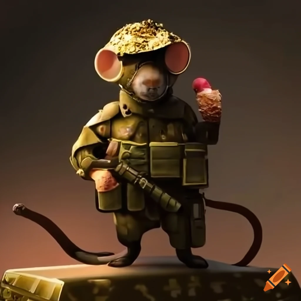 Military mouse commander with glasses eating ice cream on a tank on Craiyon