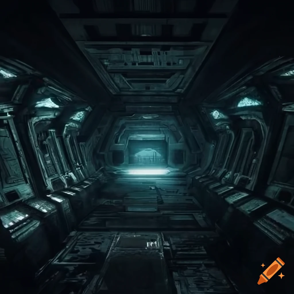 Dark sci-fi corridor in an abandoned spaceship on Craiyon