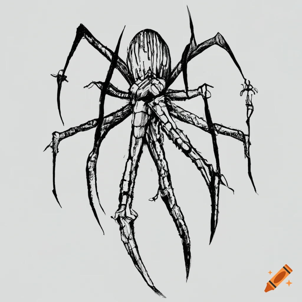 Spider made of swords in a black and white line drawing on Craiyon