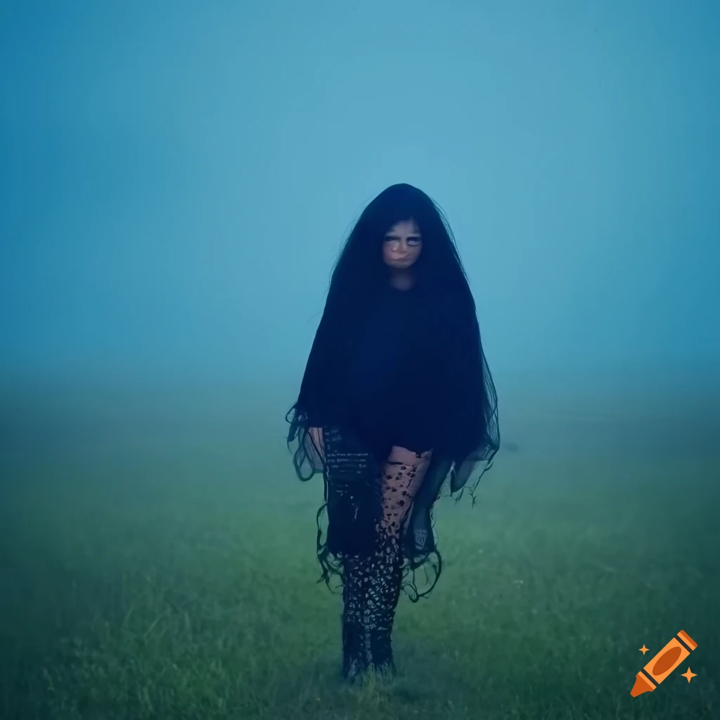 Goth woman in misty bog with Hobo and gypsy style clothing on Craiyon