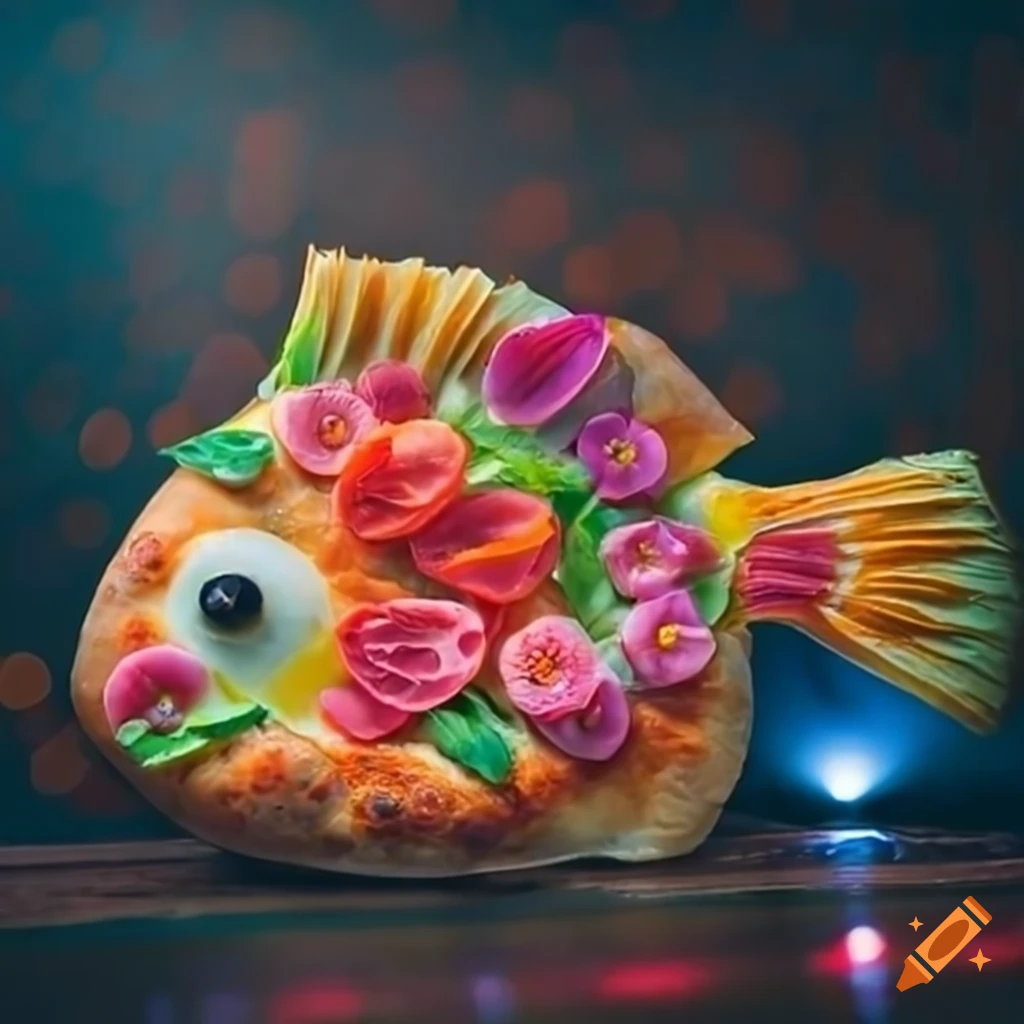 Pizza in the shape of a fish with colorful flowers on top on Craiyon