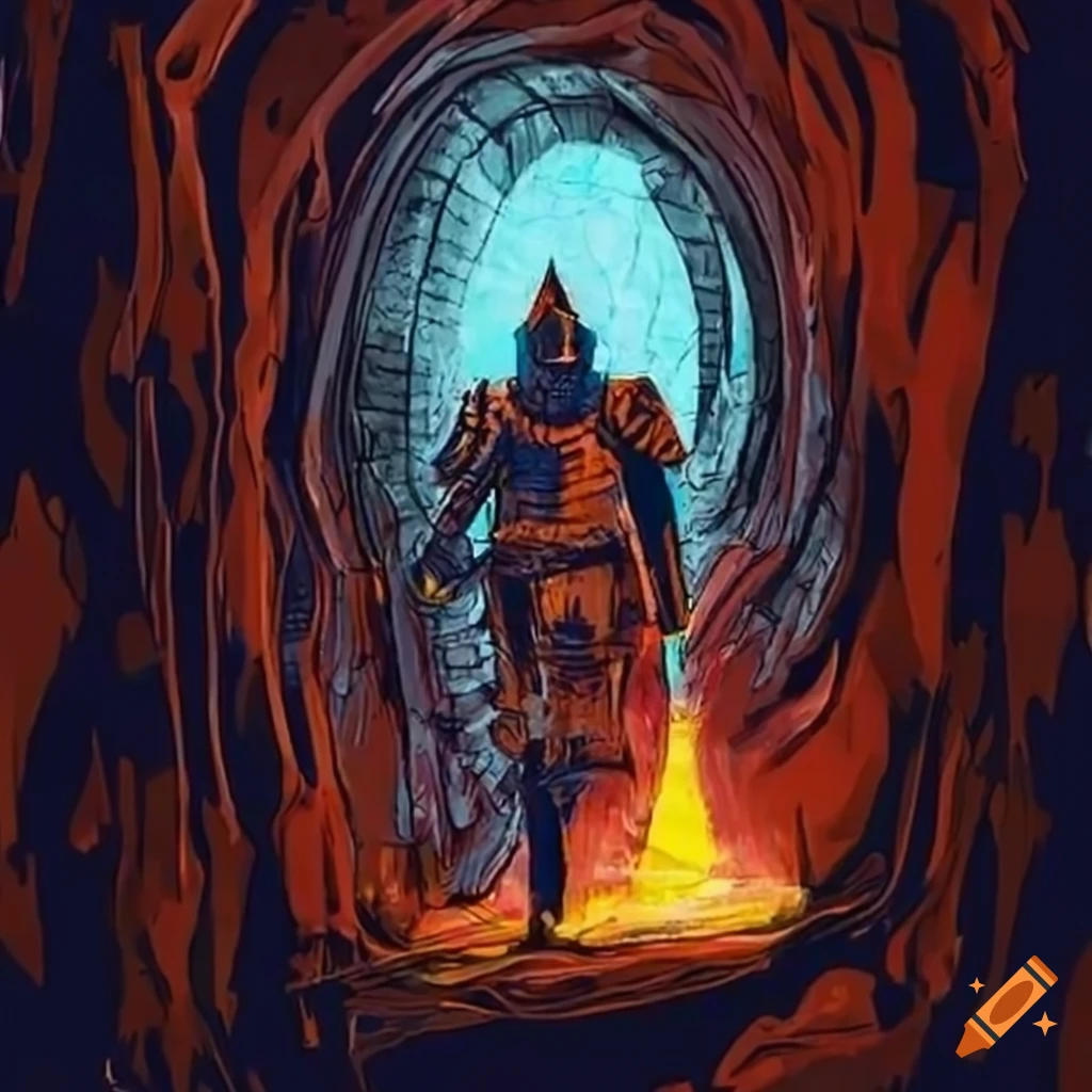 Knight with torch entering a cave on Craiyon