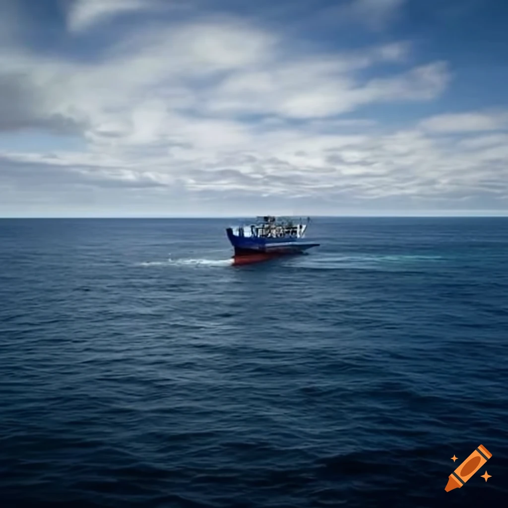 Modern container ship sailing between calm and turbulent ocean scenes ...