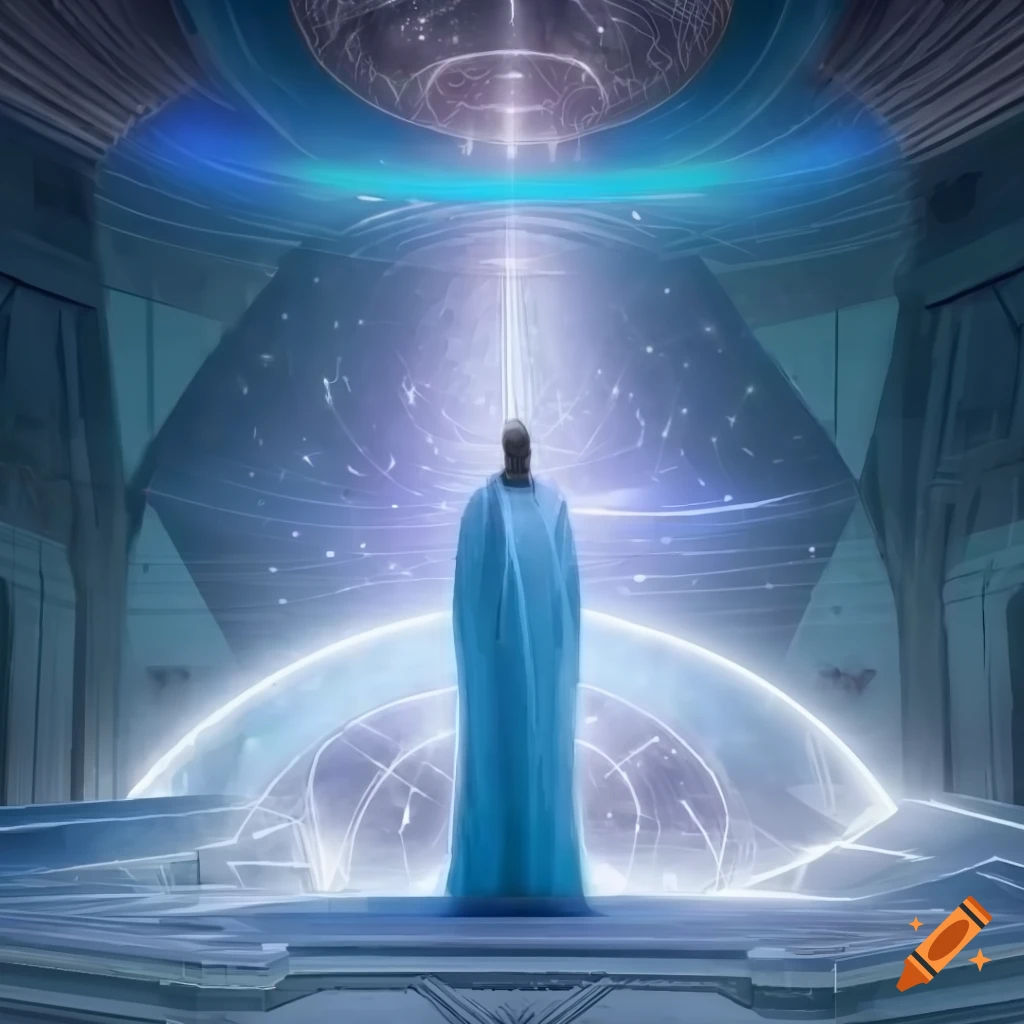 Illustration of futuristic celestial courtroom with The High Justice ...