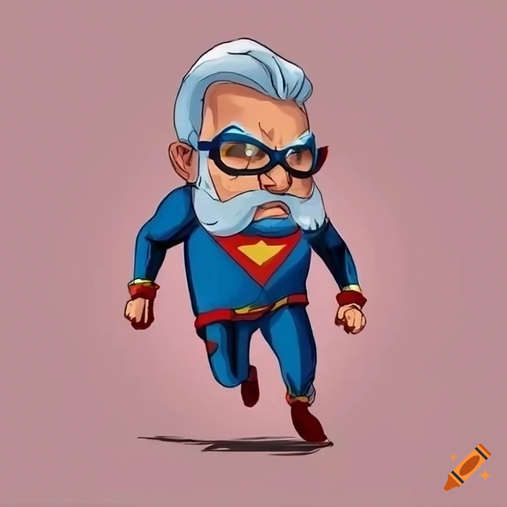 Superhero with grey beard and glasses running on Craiyon