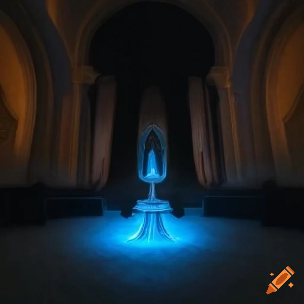 Spectral swords with blue glow on altar with harp in foreground on Craiyon