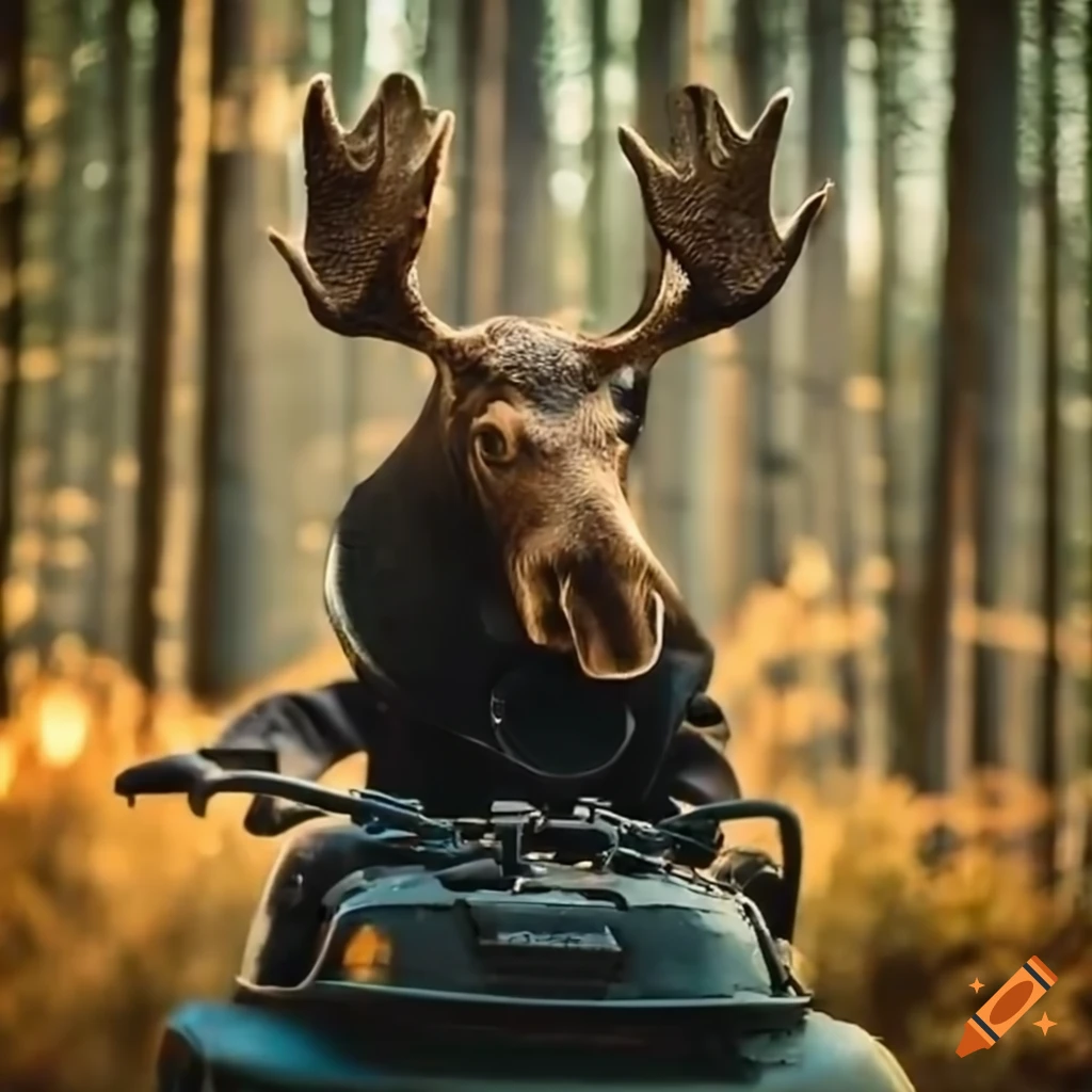 Moose with a helmet on an all-terrain vehicle in the forest on Craiyon