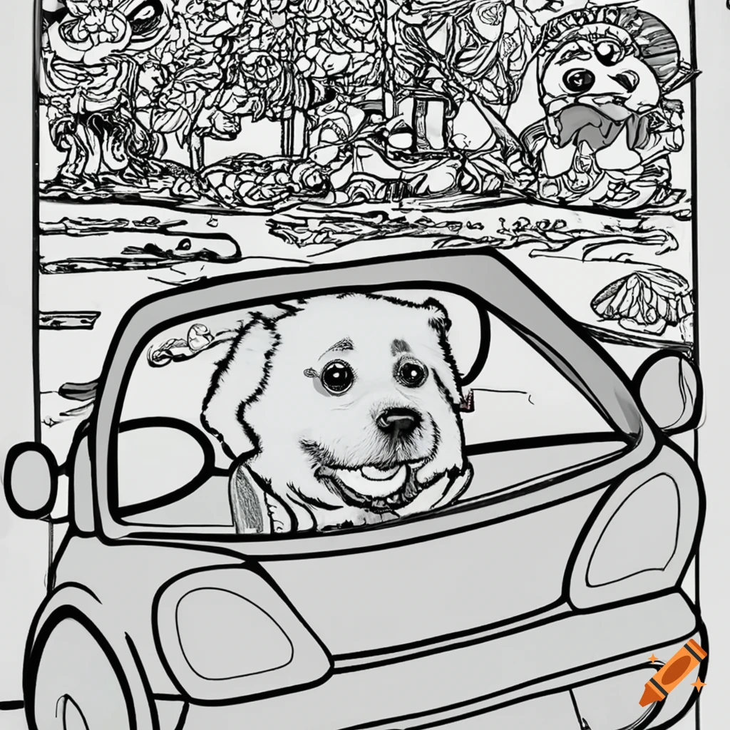 Puppy in a car in a coloring book style on Craiyon