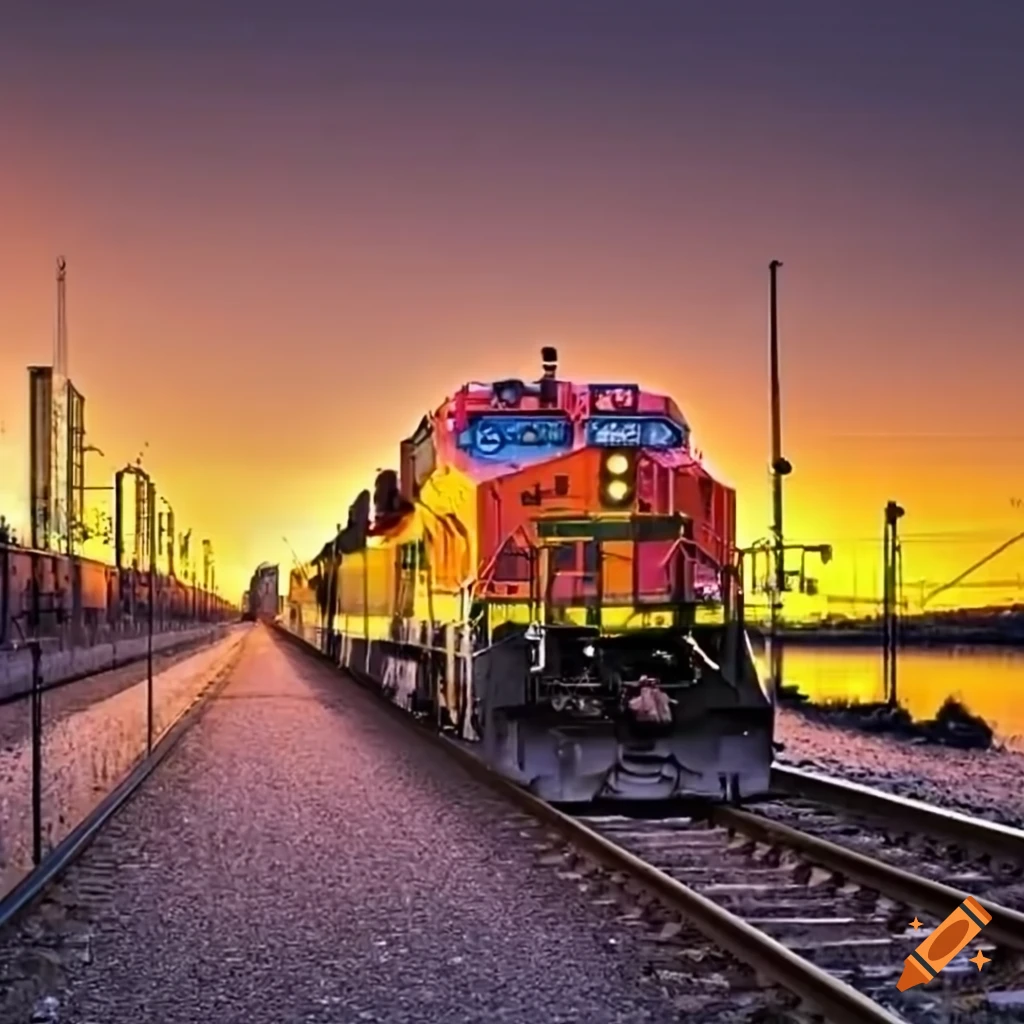Bnsf intermodal train with sunset in the background on Craiyon