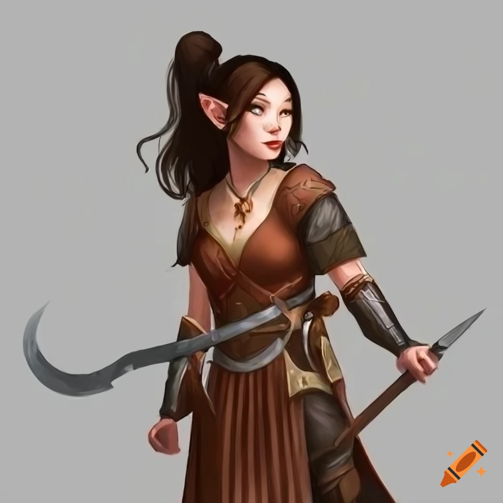 Half-asian female dnd elf with copper skin and dark hair wielding a ...
