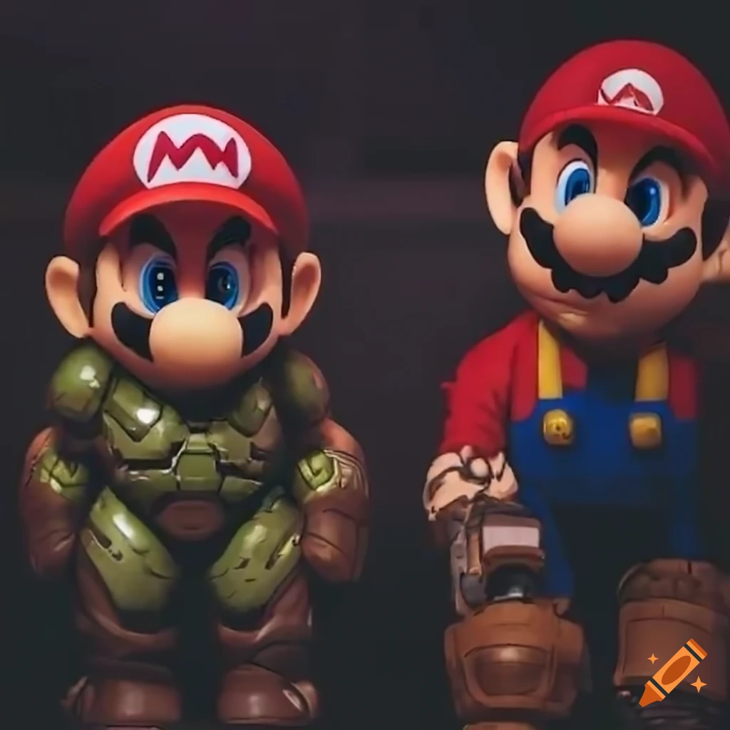 Mario and doom slayer battling monsters in hell on Craiyon