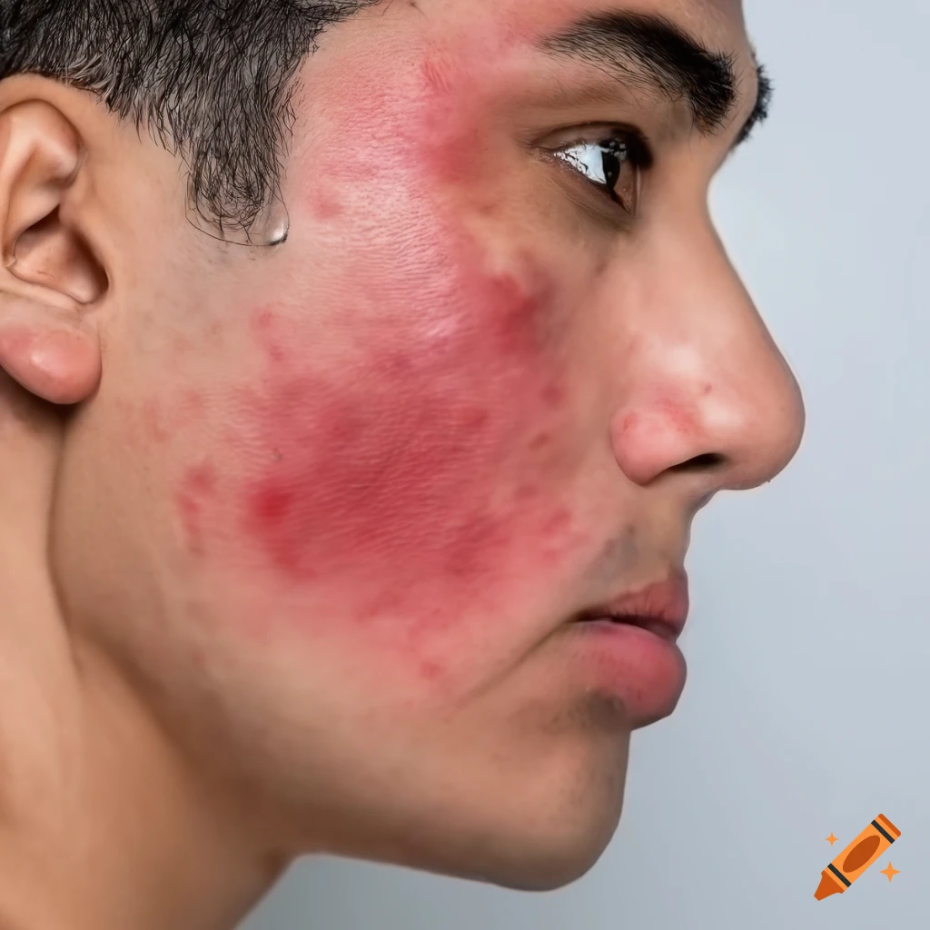 Close-up of red rash on hispanic man's cheek in realistic portrait on ...